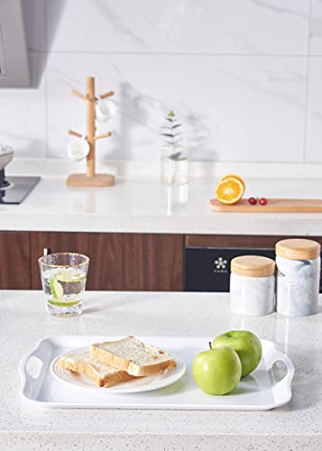 Blue Boat 16.5" x 11.5" Rectangular Serving Trays Set of 2 White,Light Weight Easy to Clean Sturdy Stackable Melamine Serving Tray with Handle, Fruit, Snacks, and Desserts Trays