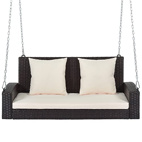 FANYE Outdoor PE Wicker Swing Chains, Pillows for Garden, Backyard, Pond Porch Furniture Set, 2 Seaters Double Rattan Cushioned Conversation Hanging Sofa & Couch, Brown+Beige