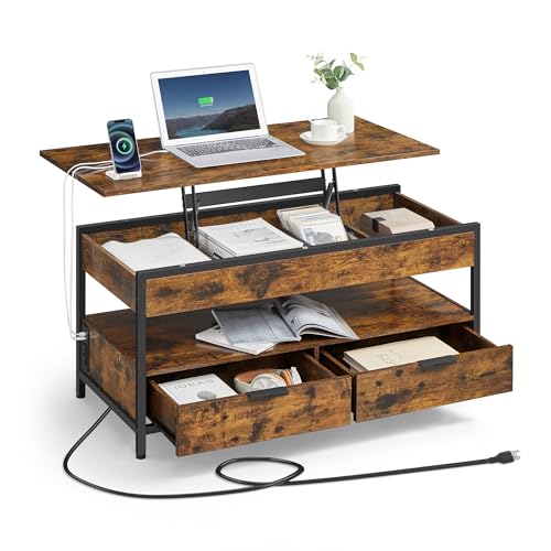 VASAGLE Lift Top Coffee Table with Storage Drawers and Charging Station, Coffee Table for Living Room with Lifting Top, Hidden Compartments and Open Shelf, Rustic Brown and Ink Black ULCT206B01