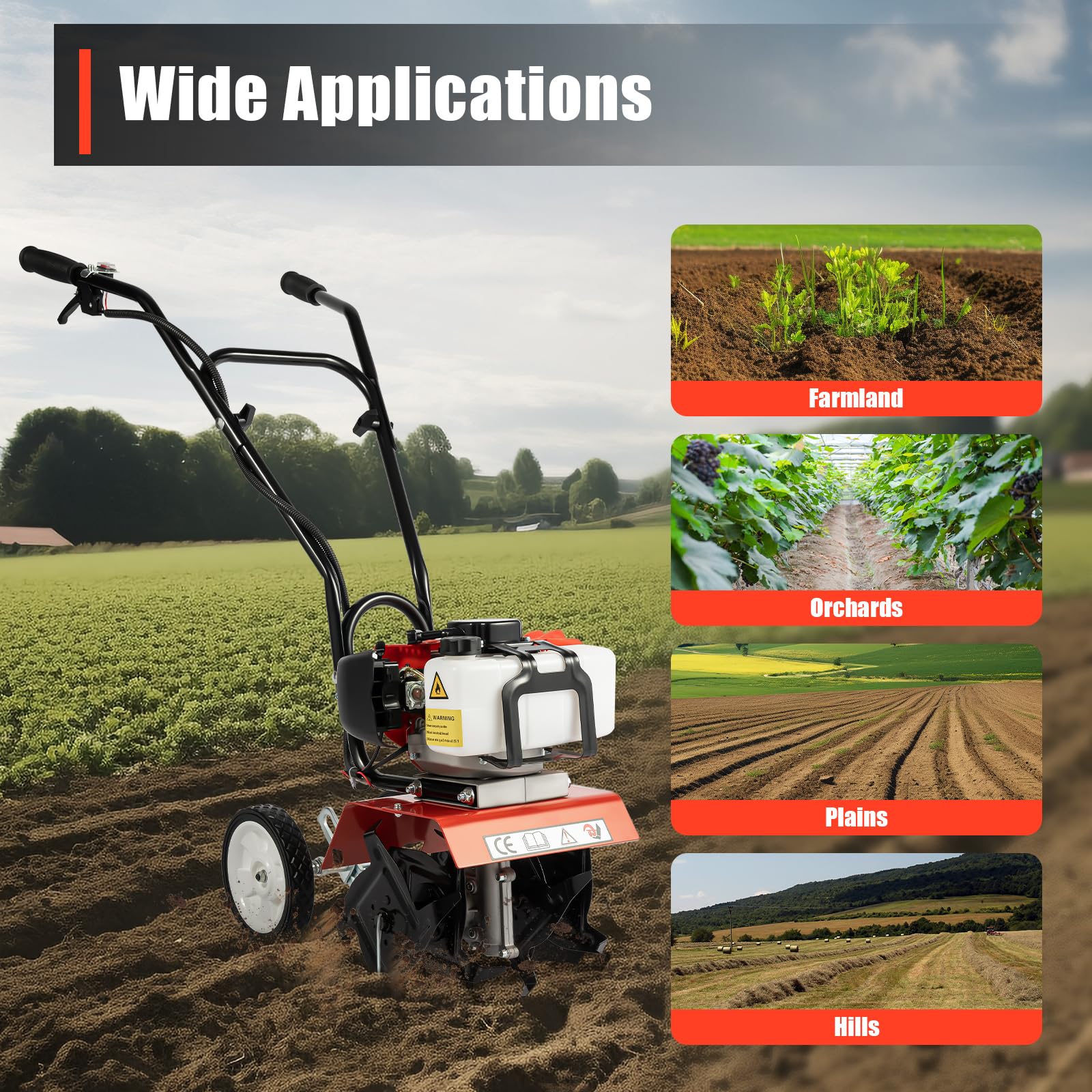 Rototiller Tiller Cultivator, 52CC 2-Stroke Forward Swivel Compact Fork Tiller Gas Motor Cultivator Premium Steel Adjustable Forward Swivel Tine for Garden & Lawn, Digging & Soil Tillage