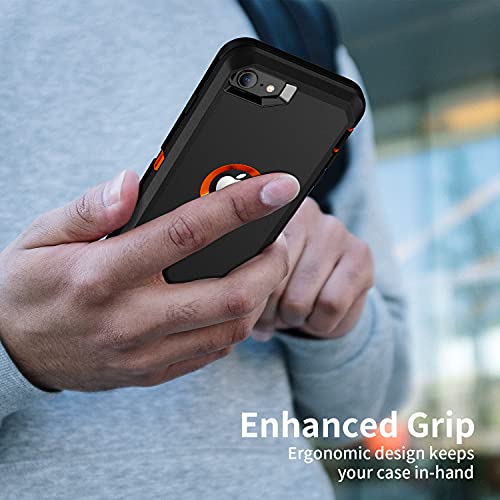RegSun for iPhone SE 2020 Case,Built-in Screen Protector,Shockproof 3-Layer Full Body Protection Rugged Heavy Duty High Impact Hard Cover Case for iPhone SE 2nd Gen 4.7-inch,Black/Orange