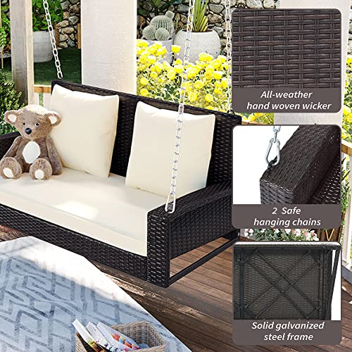 FANYE Outdoor PE Wicker Swing Chains, Pillows for Garden, Backyard, Pond Porch Furniture Set, 2 Seaters Double Rattan Cushioned Conversation Hanging Sofa & Couch, Brown+Beige