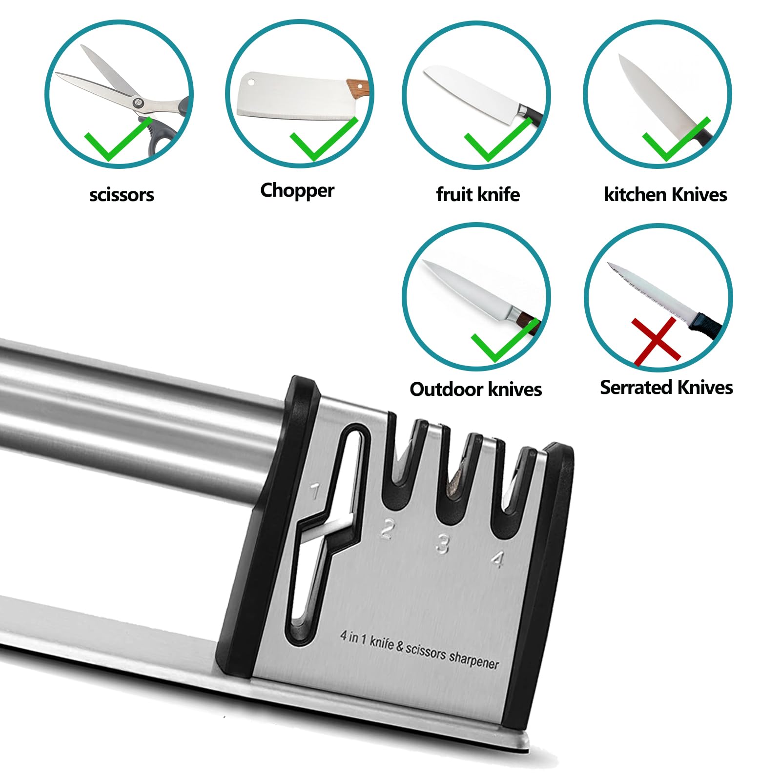 Knife Sharpeners,4 in 1 Kitchen Knife and Scissors Sharpener,Grind and Polish Knife Accessories,Manual Knife Sharpener for Ceramic and Steel Knives,Scissors,Outdoor Knives.