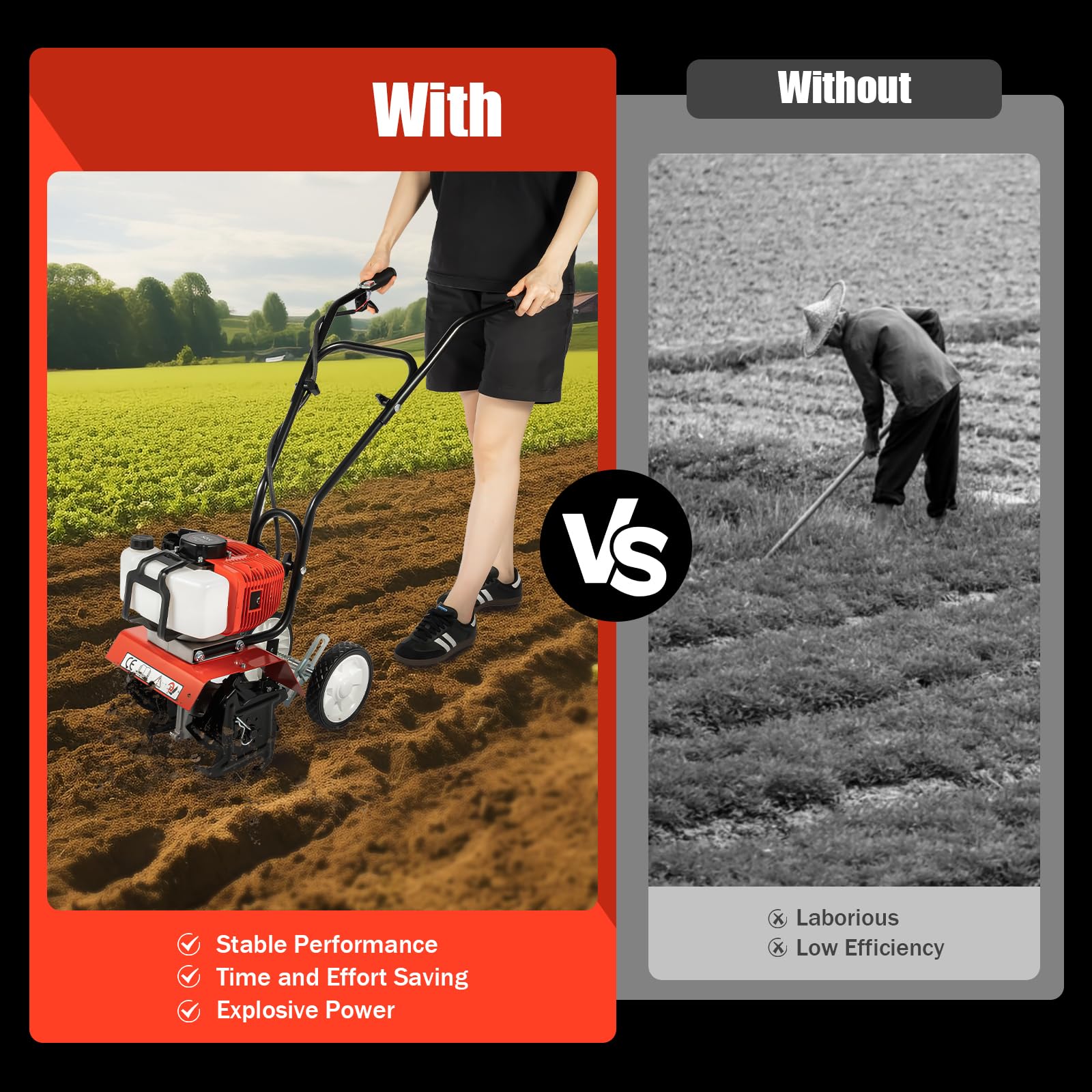 Rototiller Tiller Cultivator, 52CC 2-Stroke Forward Swivel Compact Fork Tiller Gas Motor Cultivator Premium Steel Adjustable Forward Swivel Tine for Garden & Lawn, Digging & Soil Tillage