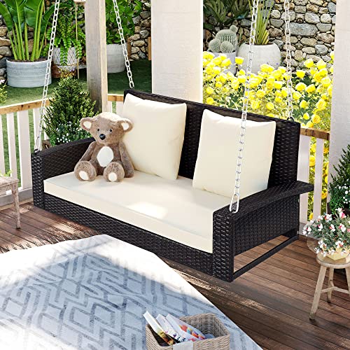 FANYE Outdoor PE Wicker Swing Chains, Pillows for Garden, Backyard, Pond Porch Furniture Set, 2 Seaters Double Rattan Cushioned Conversation Hanging Sofa & Couch, Brown+Beige