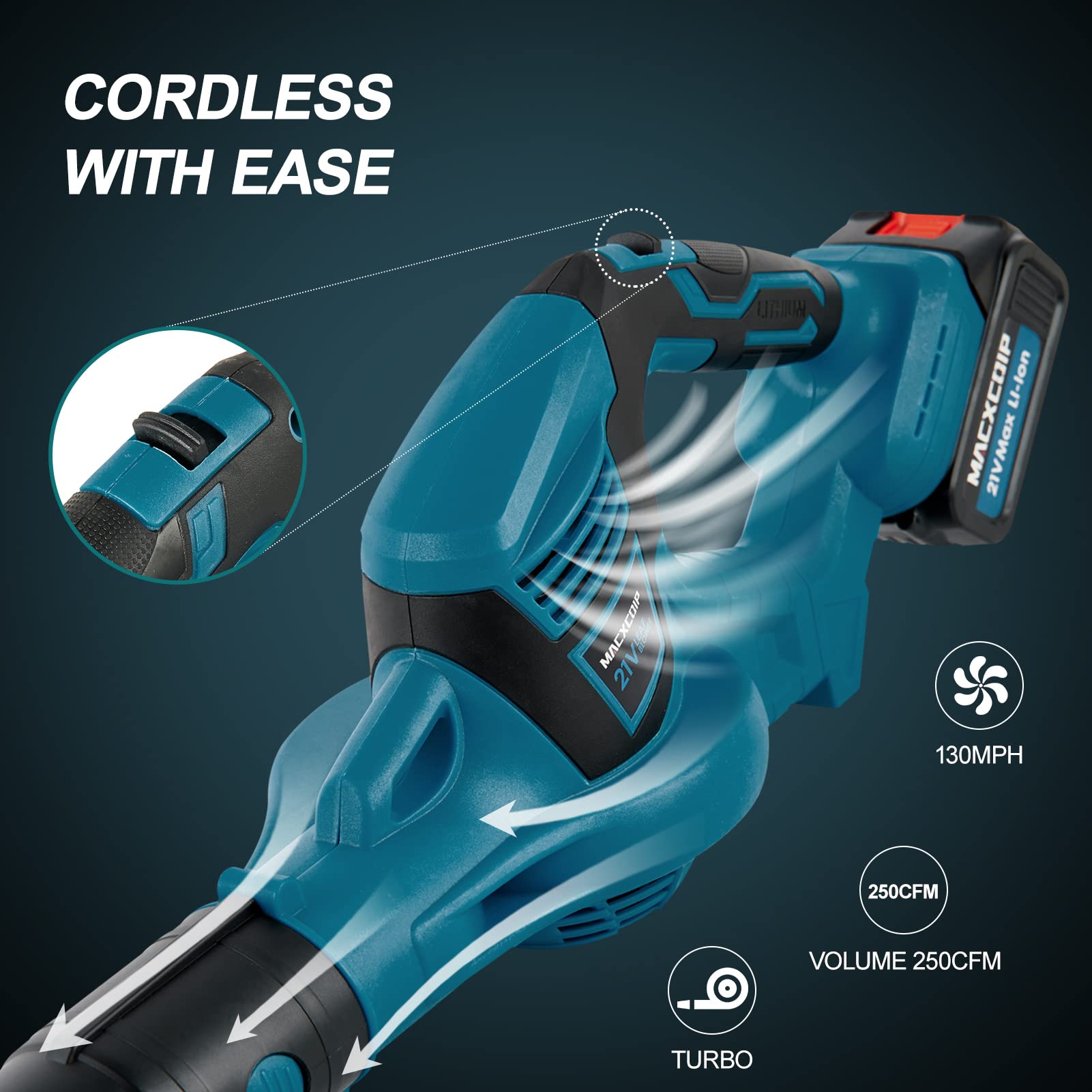 Cordless Leaf Blower - 21V 600W 250CFM 130MPH Electrical Handheld Blower with 2 Batteries & Charger, Battery Powered Leaf Blower Lightweight for Leaf, Snow, Dust Blowing