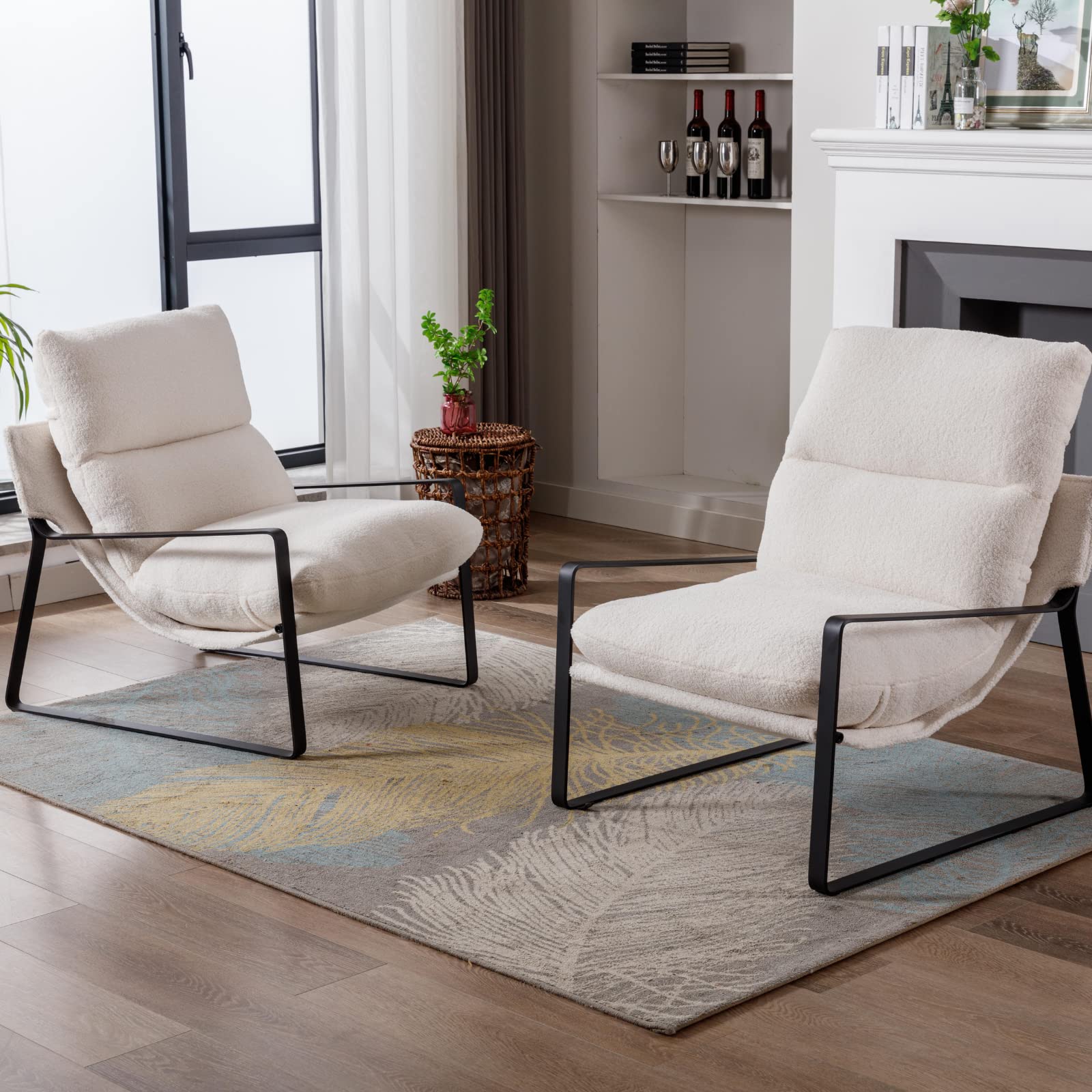 Ya-Home Mid-Century Accent Chair, Comfy Sherpa Fabric Side Chair with Armrest, Upholstered Leisure Chair with Black Metal Frame for Living Room Bedroom Reception Room, White