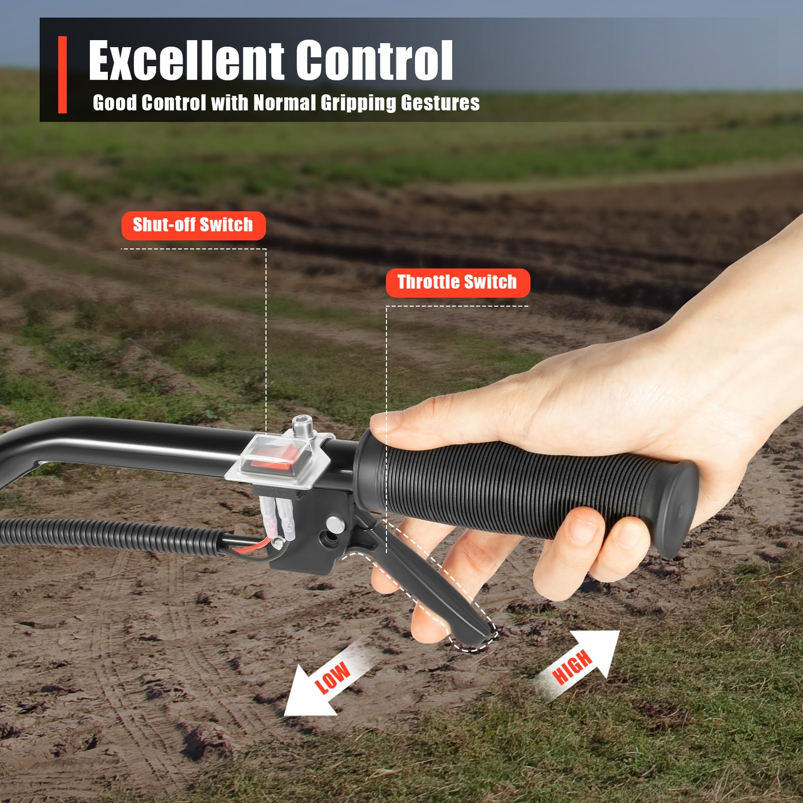 Rototiller Tiller Cultivator, 52CC 2-Stroke Forward Swivel Compact Fork Tiller Gas Motor Cultivator Premium Steel Adjustable Forward Swivel Tine for Garden & Lawn, Digging & Soil Tillage