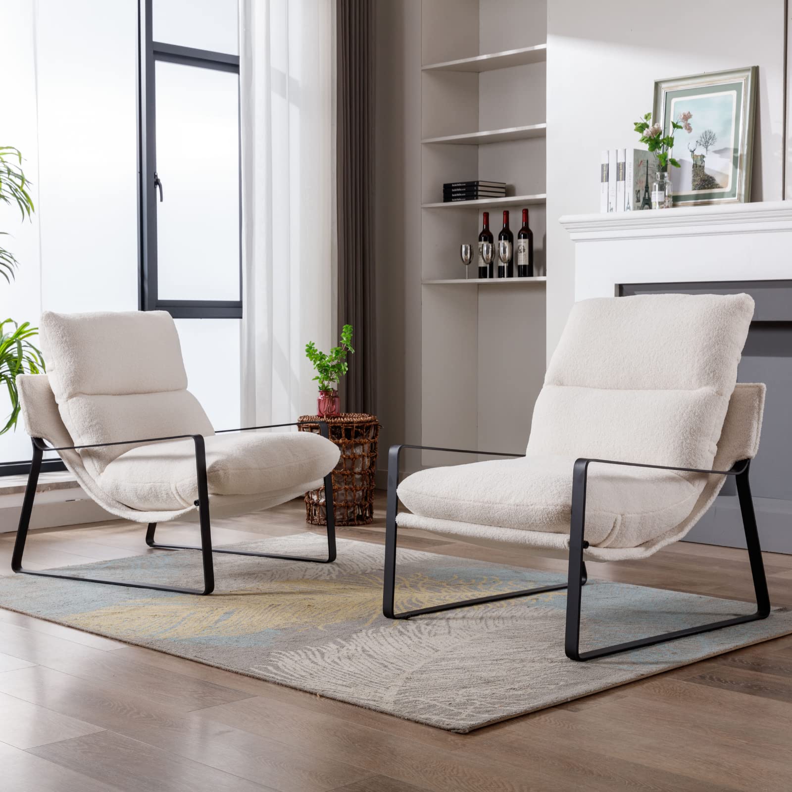 Ya-Home Mid-Century Accent Chair, Comfy Sherpa Fabric Side Chair with Armrest, Upholstered Leisure Chair with Black Metal Frame for Living Room Bedroom Reception Room, White