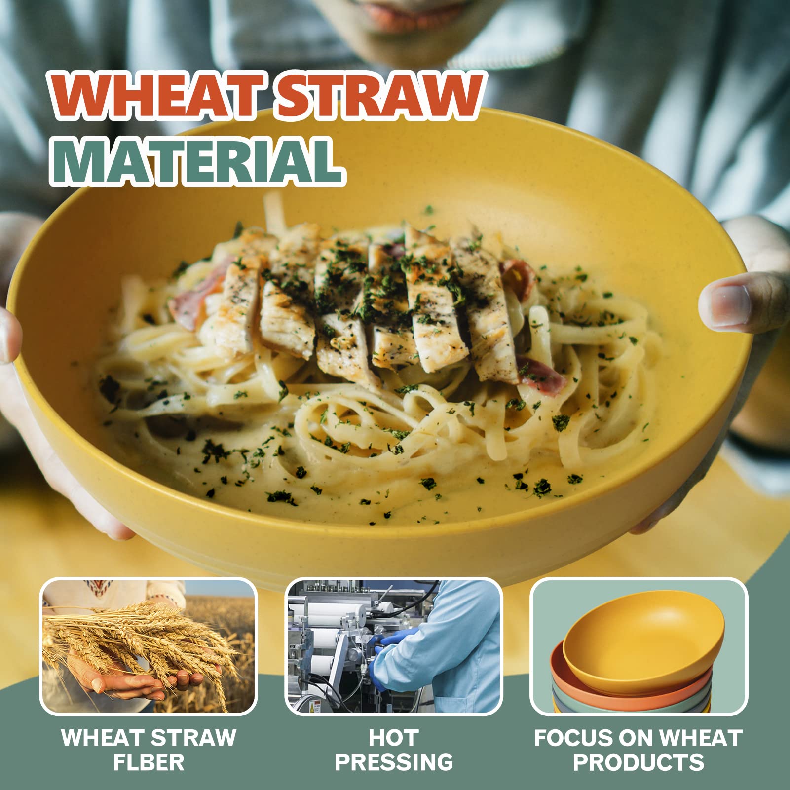 Teivio 8.4" Large Plastic Pasta Bowls Salad Bowls Reusable, 45 oz Pasta Serving Bowl Set of 8, Wheat Straw Serving Plate Bowls for Pasta, Salad, Cereal, Soup, Dishwasher Safe, Autumn Multicolor