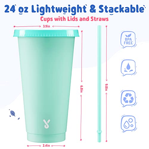 Meoky Plastic Cups with Lids and Straws - 6 Pack 24 oz Color Changing Cups with Lids and Straws Bulk, Reusable Cups with Lids and Straws for Adults Kid Women Party, Cute Cold Cups for Iced Coffee