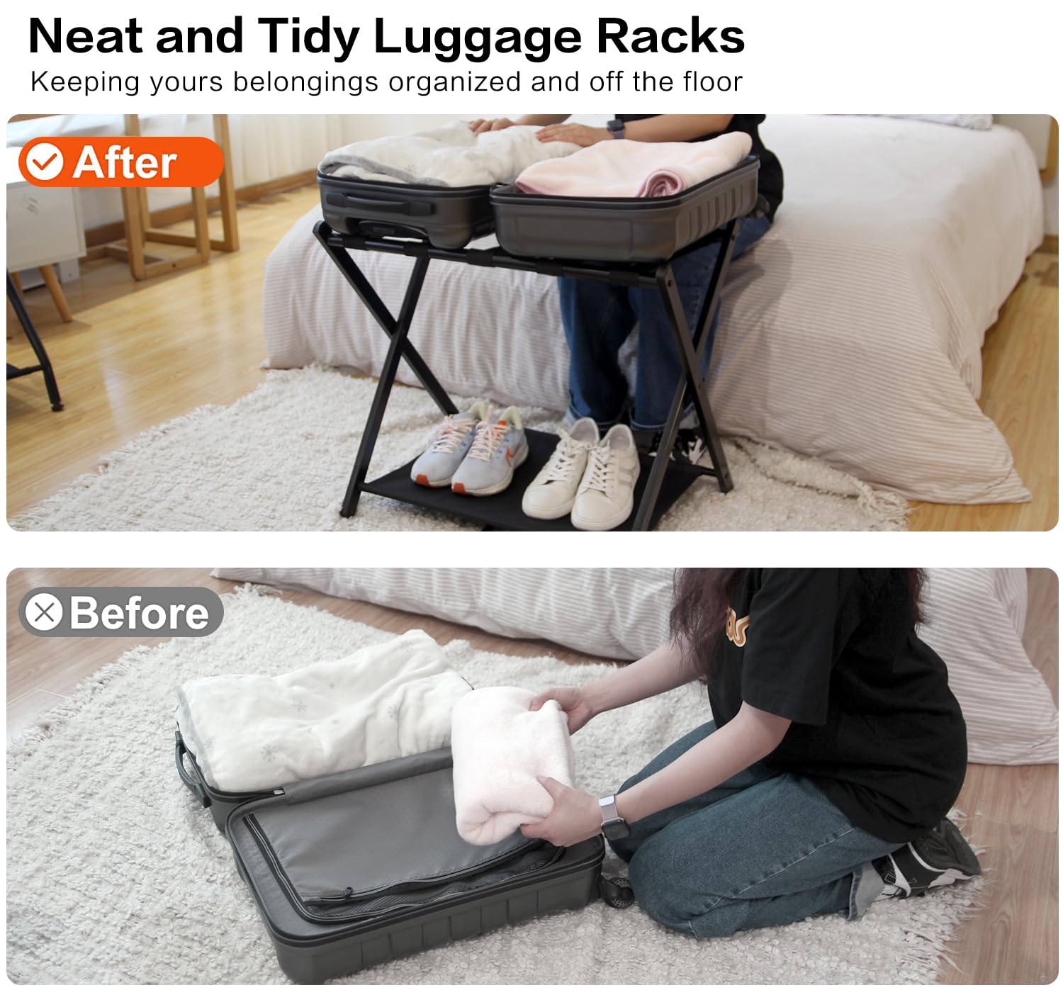 Yuihochic Luggage Rack, Pack of 2, Suitcase Stand with Fabric Storage Shelf ,for Guest Room,Bedroom,Hotel, Foldable Painted Steel Frame (Package Quantity 2)