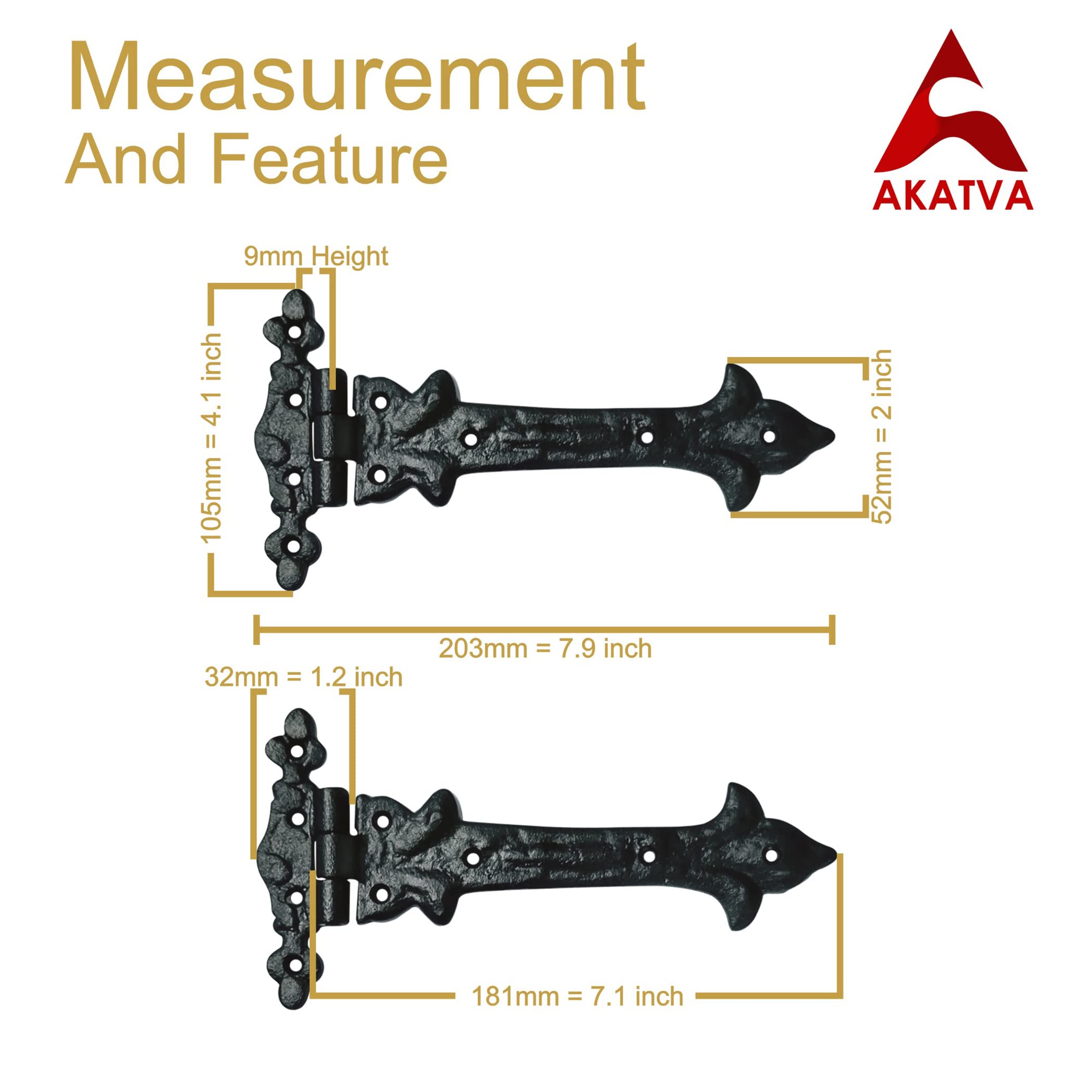 Akatva Doorbell Button with T Hinge Set – 2 Pieces Gate Hinges for Wooden Fences Heavy Duty – Bell Push Button – Doorbell Button Wired – Barn Hinges for Doors – Black Hinges – Antique Copper Finish