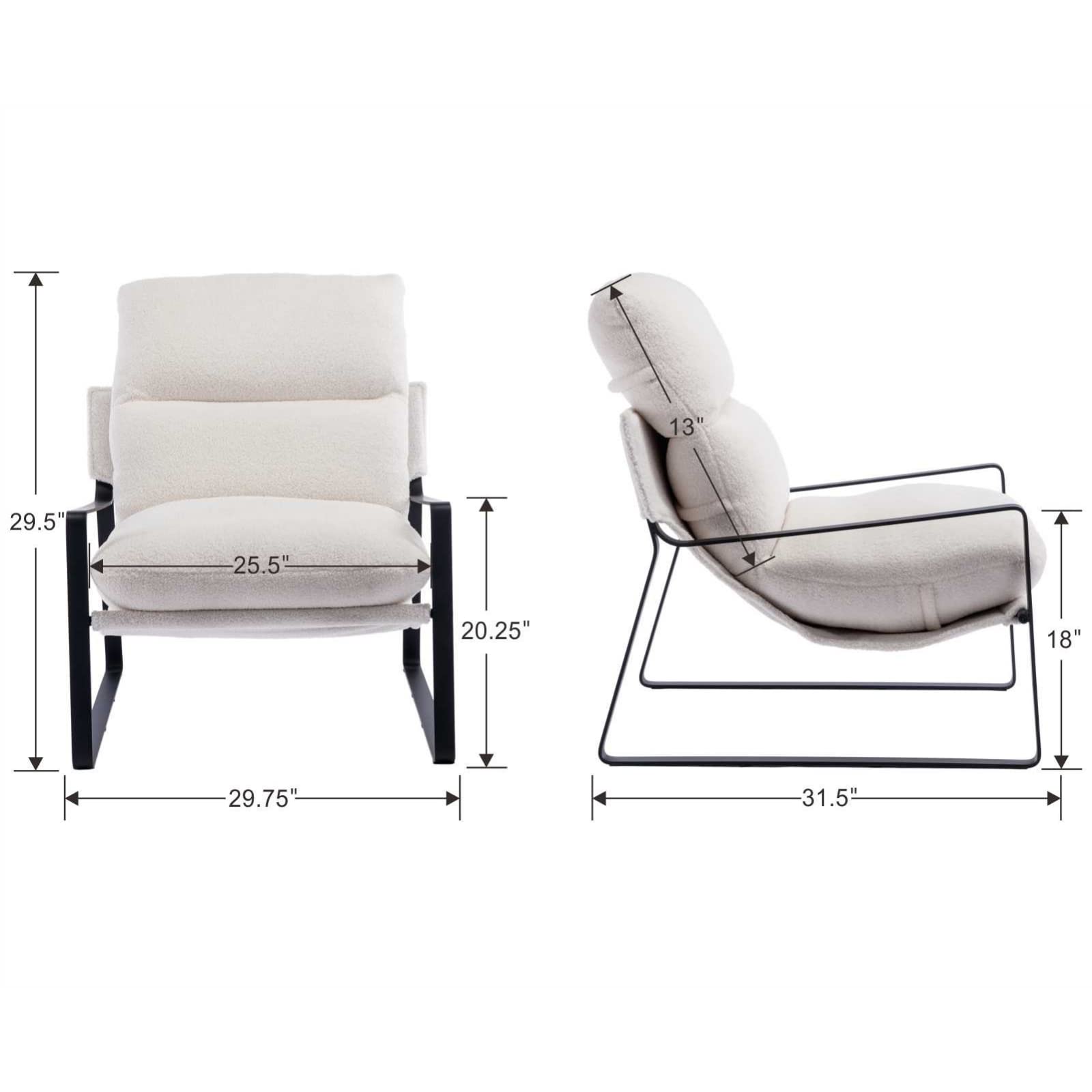 Ya-Home Mid-Century Accent Chair, Comfy Sherpa Fabric Side Chair with Armrest, Upholstered Leisure Chair with Black Metal Frame for Living Room Bedroom Reception Room, White