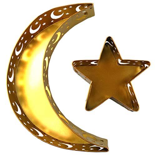 PRETYZOOM 2pcs Crescent Moon Star Tray Ramadan Eid Mubarak Trays Platters Moon Star Dinner Plate Tableware Dessert Food Serving Tray Ramadan Muslim Islamic Party Supply Golden