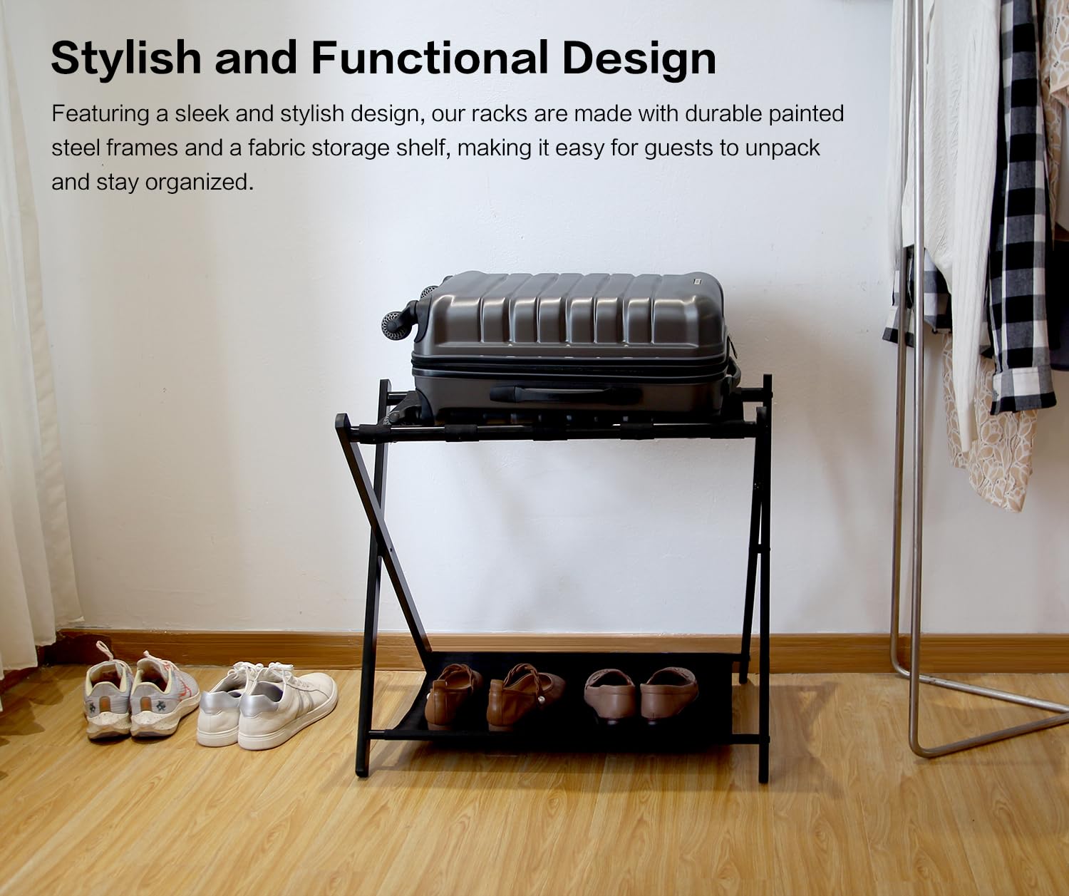 Yuihochic Luggage Rack, Pack of 2, Suitcase Stand with Fabric Storage Shelf ,for Guest Room,Bedroom,Hotel, Foldable Painted Steel Frame (Package Quantity 2)