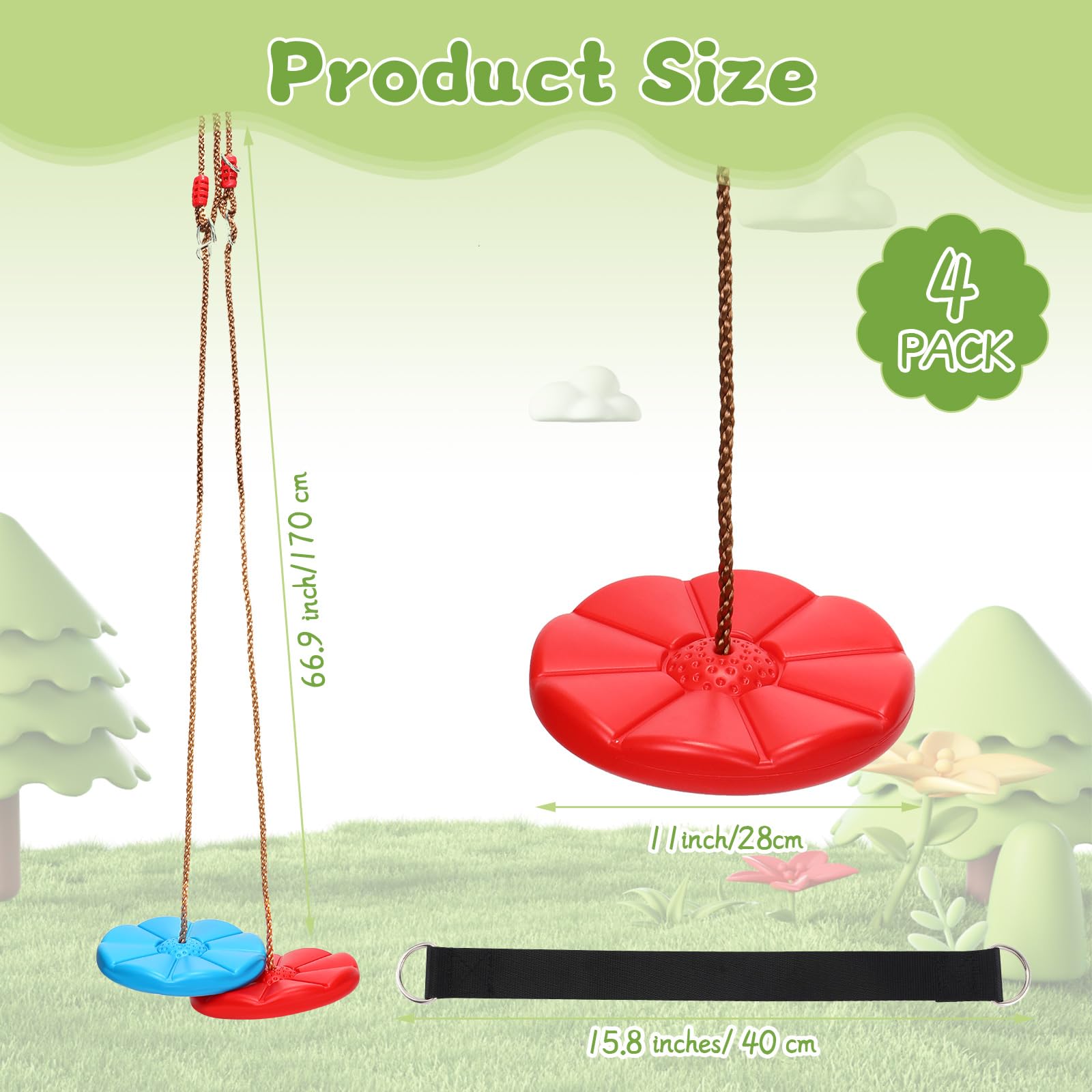 Liliful 4 Pack Strong Disc Tree Swing with Rope Kids Swing Seat with Hanging Strap and Snap Hook Disc Swings for Outside Playground Tree House Backyard Fun, Daily Exercise