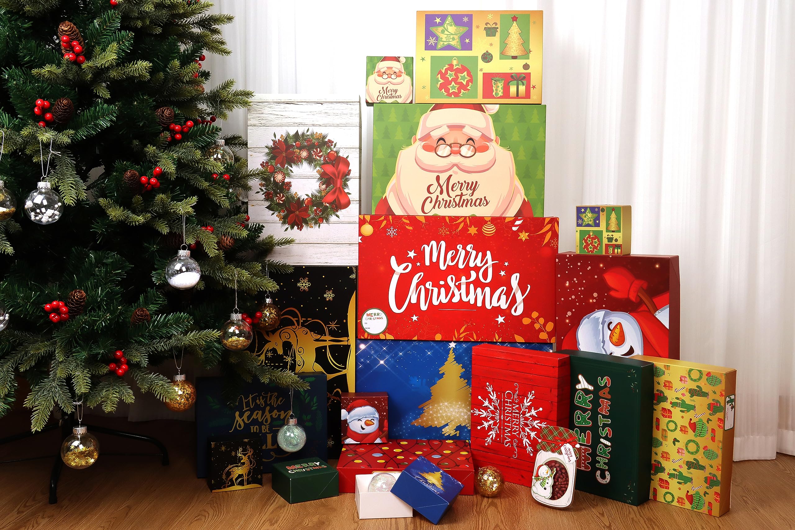 18 Gift Boxes with Lids for Presents, Assorted Christmas Wrapping Boxes for Extra Large Clothes, 12 Designs 4 Size Christmas Robes Shirt Box for Sweater, Xmas Holiday Present Box with 18 Gift Stickers
