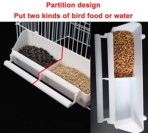 Lucky Interests 4pcs Bird Feeder, Pet Bird Food Double Plastic Seed Water Feeder Dispenser Standing Frame Plastic Food Feeder Cup for Parrots Cockatiel Pigeon Sparrow Bird Cage Bowl with 4 Bird Spoons