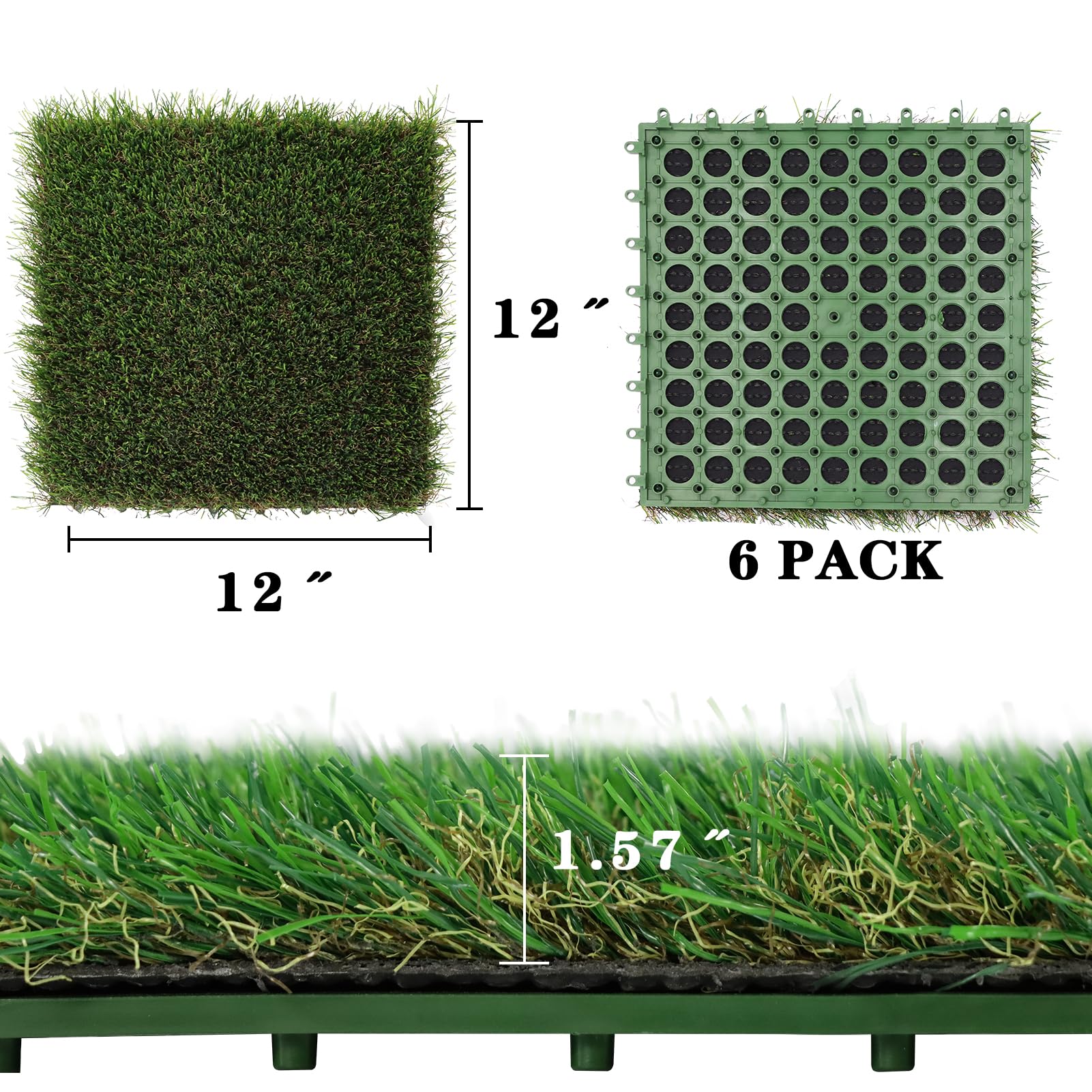 CJNLON 12"x12" Artificial Grass Tiles, 9 Packs Self-draining Fake Grass Turf Tiles Set for Flooring Decor, Dog Pads Indoor Outdoor 1.57'' in Pile Height