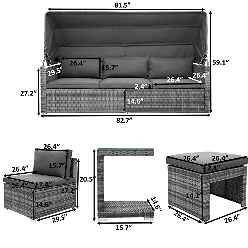 EMKK 5 Pieces Outdoor Patio Sofa Set Rattan Daybed,Sectional PE Wicker Conversation Furniture w/Canopy and Tempered Glass Side Table, C-Gray