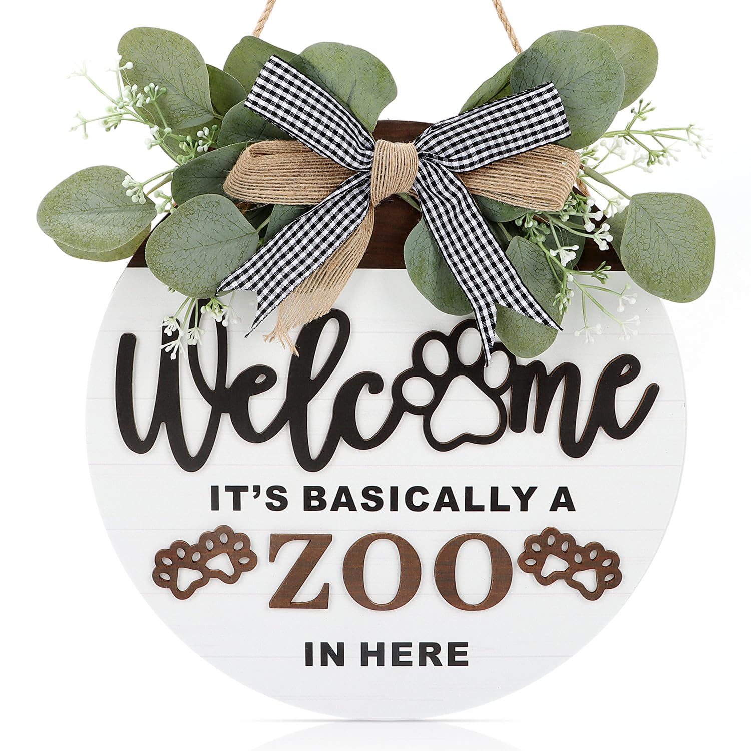 TOARTi 3D Rustic Humorous Front Door Welcome Sign, It's Basically A Zoo In Here, Funny Pet Lover Home Porch Wall Decor, 11.8''x11.8'' Wooden Sign with Black Letters & Bow-knot Wreath
