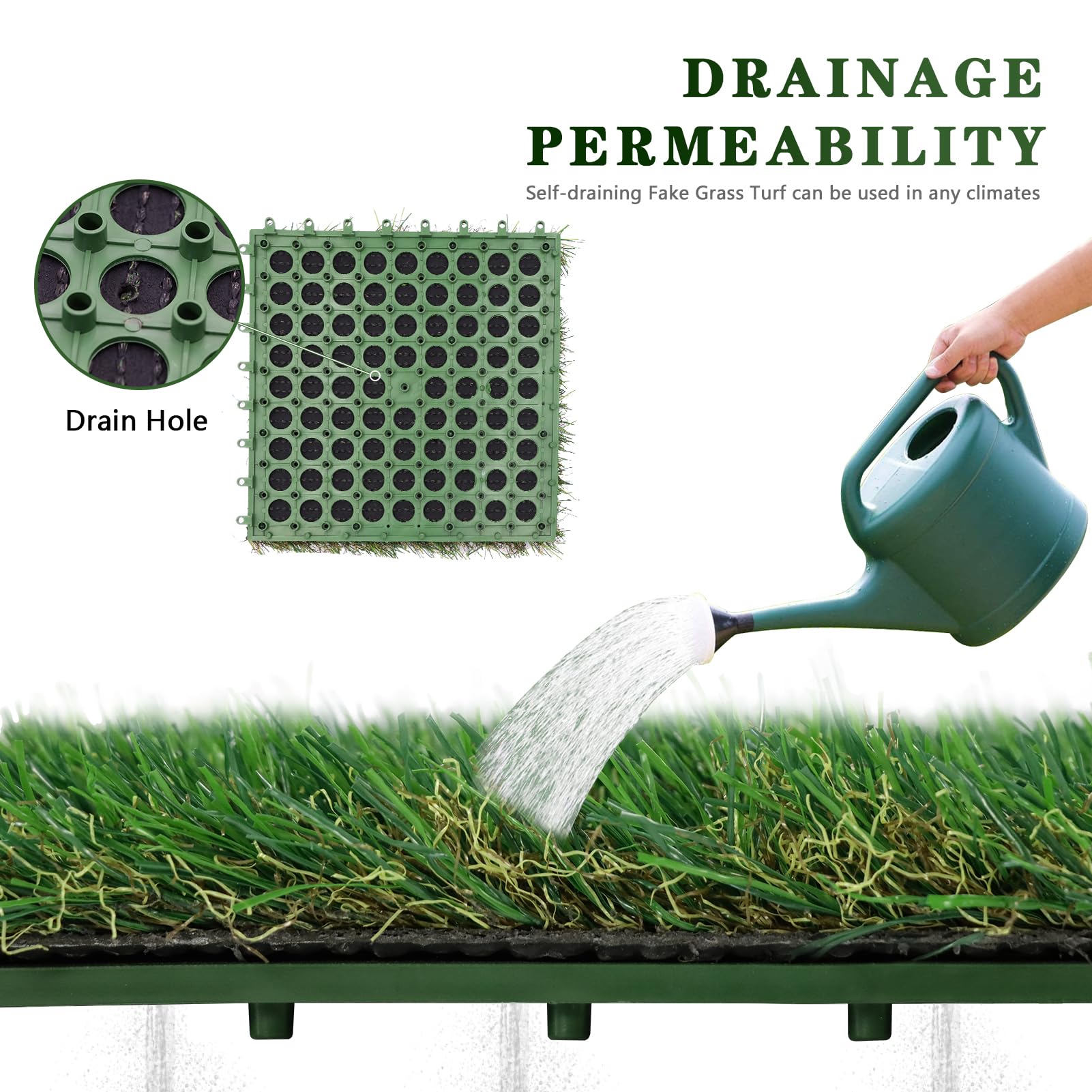 CJNLON 12"x12" Artificial Grass Tiles, 9 Packs Self-draining Fake Grass Turf Tiles Set for Flooring Decor, Dog Pads Indoor Outdoor 1.57'' in Pile Height
