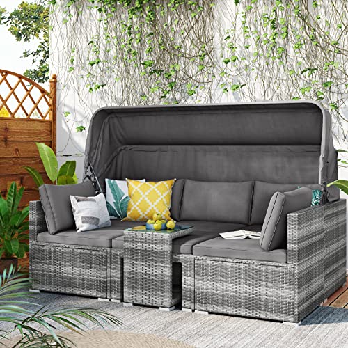 EMKK 5 Pieces Outdoor Patio Sofa Set Rattan Daybed,Sectional PE Wicker Conversation Furniture w/Canopy and Tempered Glass Side Table, C-Gray