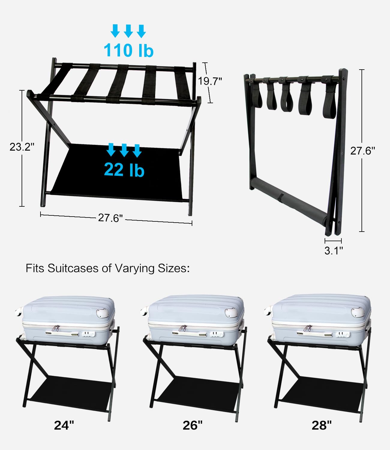 Yuihochic Luggage Rack, Pack of 2, Suitcase Stand with Fabric Storage Shelf ,for Guest Room,Bedroom,Hotel, Foldable Painted Steel Frame (Package Quantity 2)