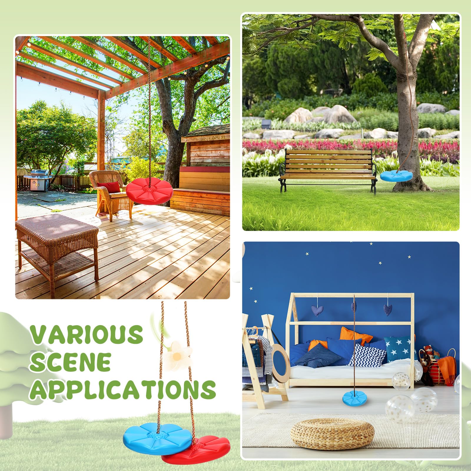 Liliful 4 Pack Strong Disc Tree Swing with Rope Kids Swing Seat with Hanging Strap and Snap Hook Disc Swings for Outside Playground Tree House Backyard Fun, Daily Exercise