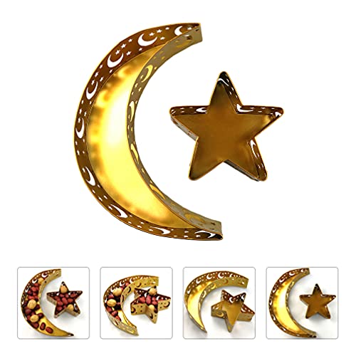 PRETYZOOM 2pcs Crescent Moon Star Tray Ramadan Eid Mubarak Trays Platters Moon Star Dinner Plate Tableware Dessert Food Serving Tray Ramadan Muslim Islamic Party Supply Golden
