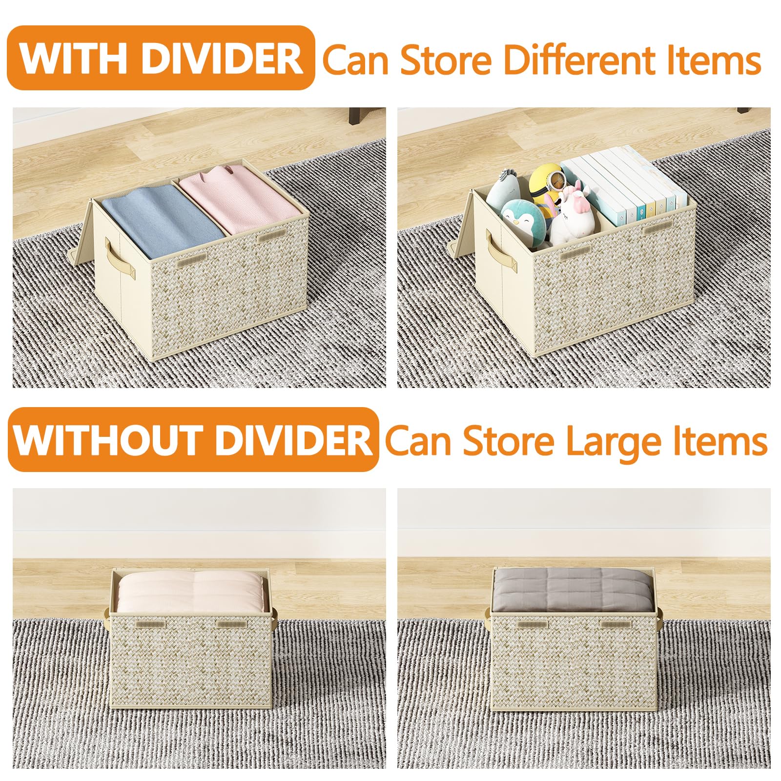 Wisdom Star 4 Pack Large Storage Bins with Double Lids & Handles, Collapsible Fabric Storage Cube Bin Basket with Removable Divider, Foldable Closet Organizer Clothing Shelf Basket, Beige