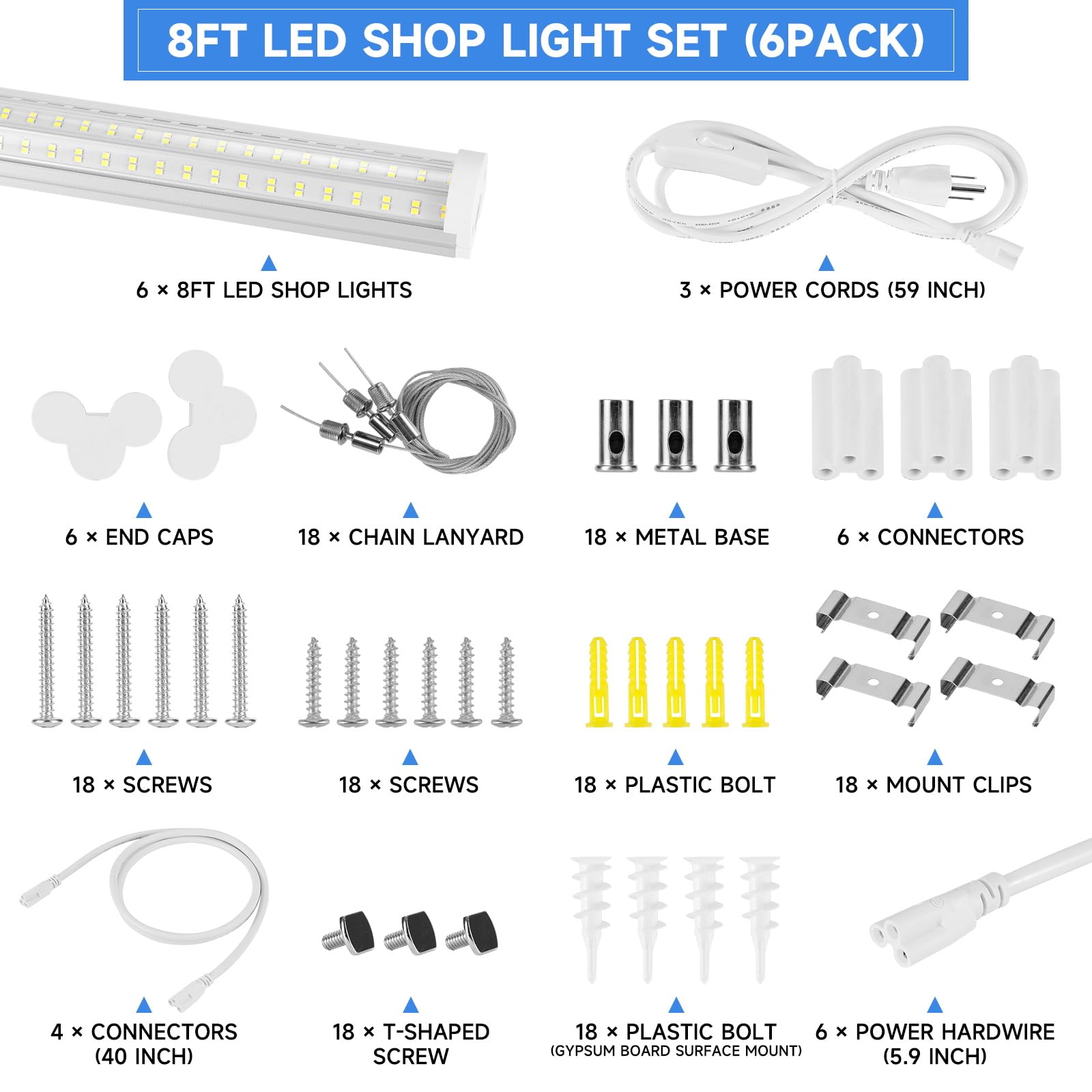 Phiwicsh 8FT LED Shop Light, U Shape 125W Integrated LED Tube Light, 6500K Clear White, 20000LM Super Bright LED Lighting, Flush Mount/Hanging Linkable LED Ceiling Lights for Garage, Plug&Play,6 Pack
