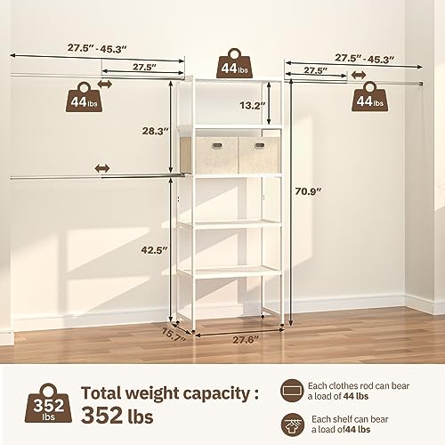 Homde Closet Organizer Storage System with 2 Storage Drawers and 3 Expandable Stainless Steel Hanger Rods,Bamboo Clothing Garment Rack,Freestanding Wardrobe Closet for Bedroom,White