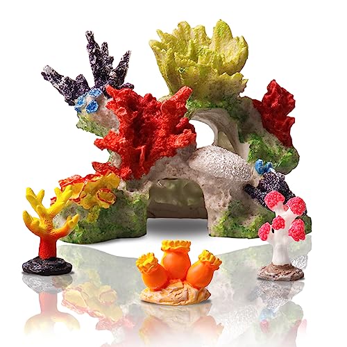 Mechpia Fish Tank Decorations Set, Aquarium Coral Decorations Fish Cave Hideout Artificial Plastic Plants Betta Ornament Accessories