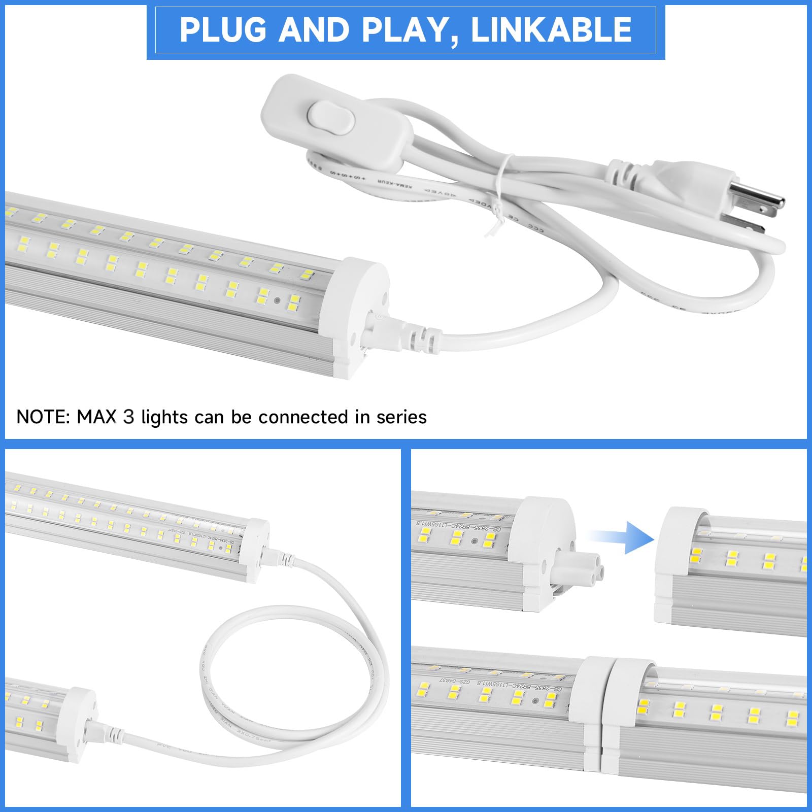 Phiwicsh 8FT LED Shop Light, U Shape 125W Integrated LED Tube Light, 6500K Clear White, 20000LM Super Bright LED Lighting, Flush Mount/Hanging Linkable LED Ceiling Lights for Garage, Plug&Play,6 Pack