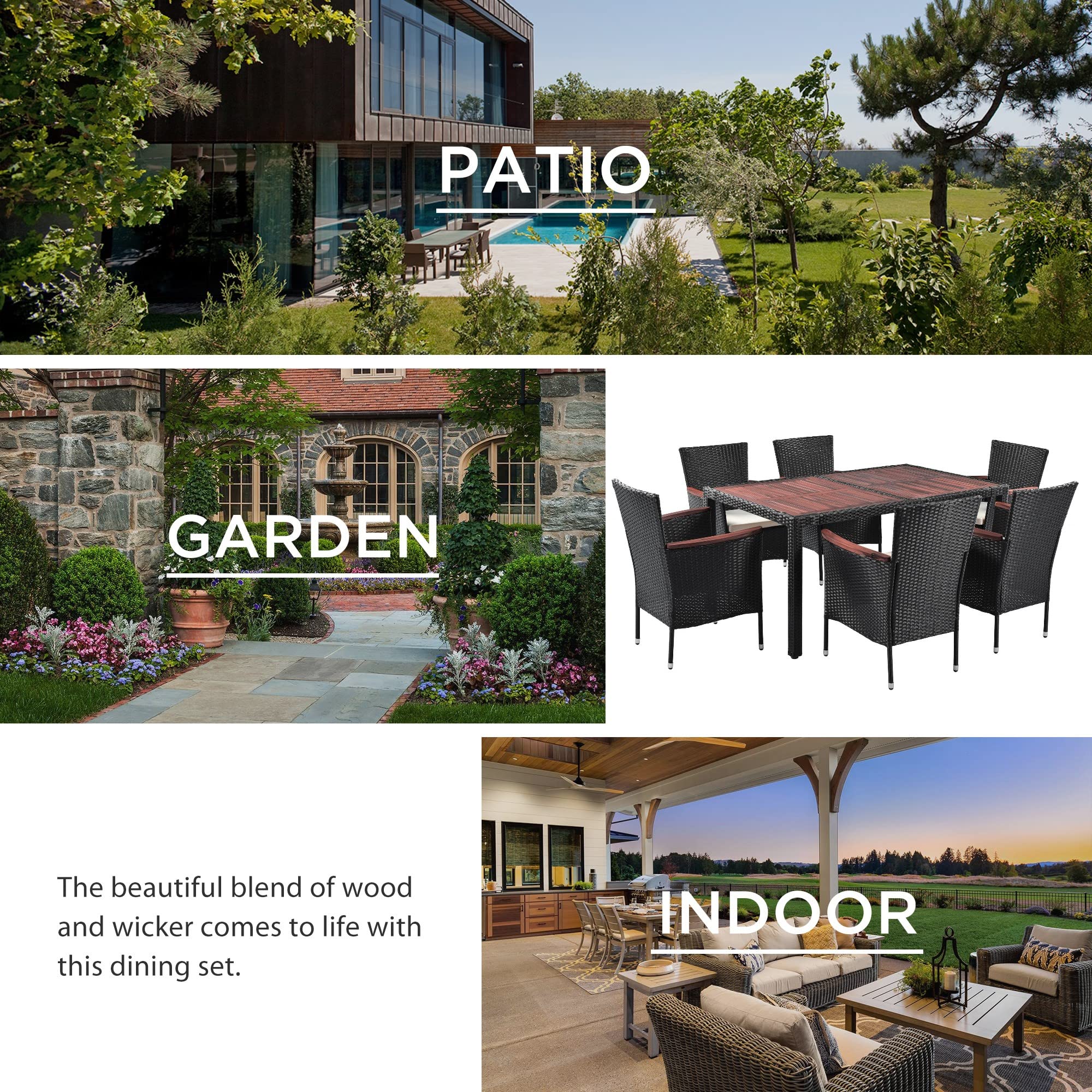 VilroCaz 6 Person Outdoor PE Wicker Dining Table Set with Acacia Wood Tabletop and Armrest, 7 Piece All Weather Conversation Set, Patio Garden Dining Set with Removable Cushion (Reddish-Brown)