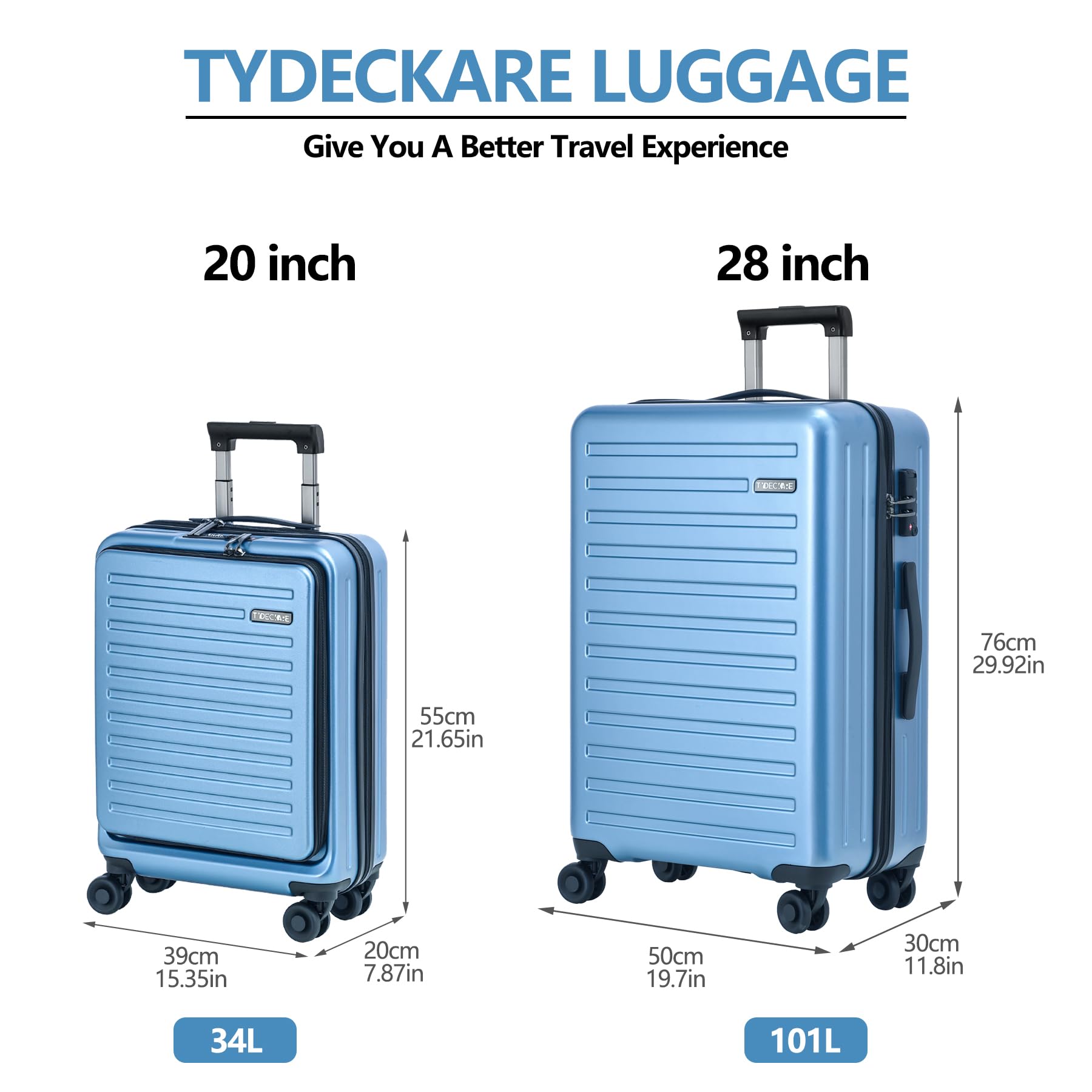 TydeCkare 2pcs 20/28" Luggage Set Lightweight HardShell, Only 20 Inch Carry On 21.65 * 15.35 * 7.87" Cabin Suitcase with Front Pocket, 28 Inch 19.68 * 11.81 * 29.92" Checked Luggage, Blue