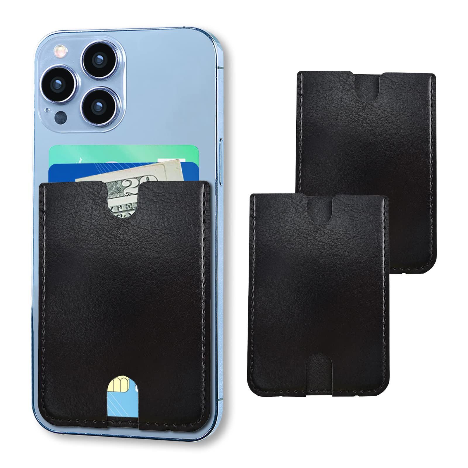 Wansurs 3 Pack Phone Card Holder for Back of Phone, Leather Phone Wallet Stick On, Credit Card Holder for Phone Case Compatible with iPhone, Samsung, Android and All Cell Phone (Black)