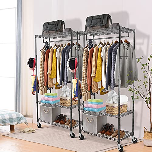 WDT Rolling Garment Rack with Wheels, Large Heavy Duty Clothing Rack with 3 Tier Shelves, Adjustable Metal Garment Closet Organizer Rack for Hanging Clothes, 35"L x 18"W x 74.4"H