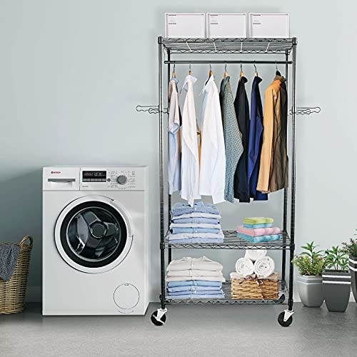 WDT Rolling Garment Rack with Wheels, Large Heavy Duty Clothing Rack with 3 Tier Shelves, Adjustable Metal Garment Closet Organizer Rack for Hanging Clothes, 35"L x 18"W x 74.4"H