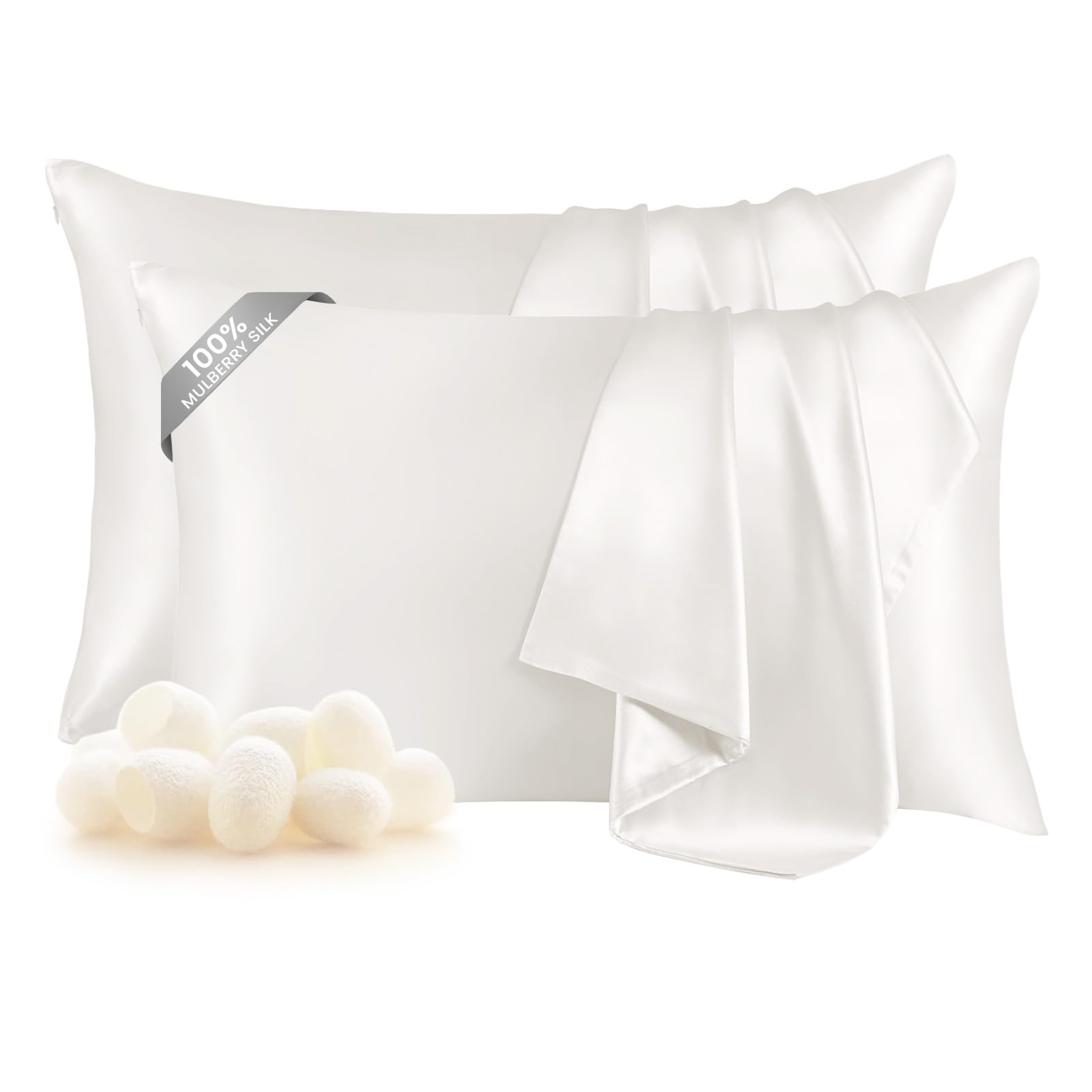THXSILK Set of 2 100% Pure Mulberry Silk Pillowcases for Hair and Skin - Upgraded Real Grade 6A+ Mulberry Silk - Durable, Soft and Anti-Aging Silk Pillow Cases (King 20"x36", White)