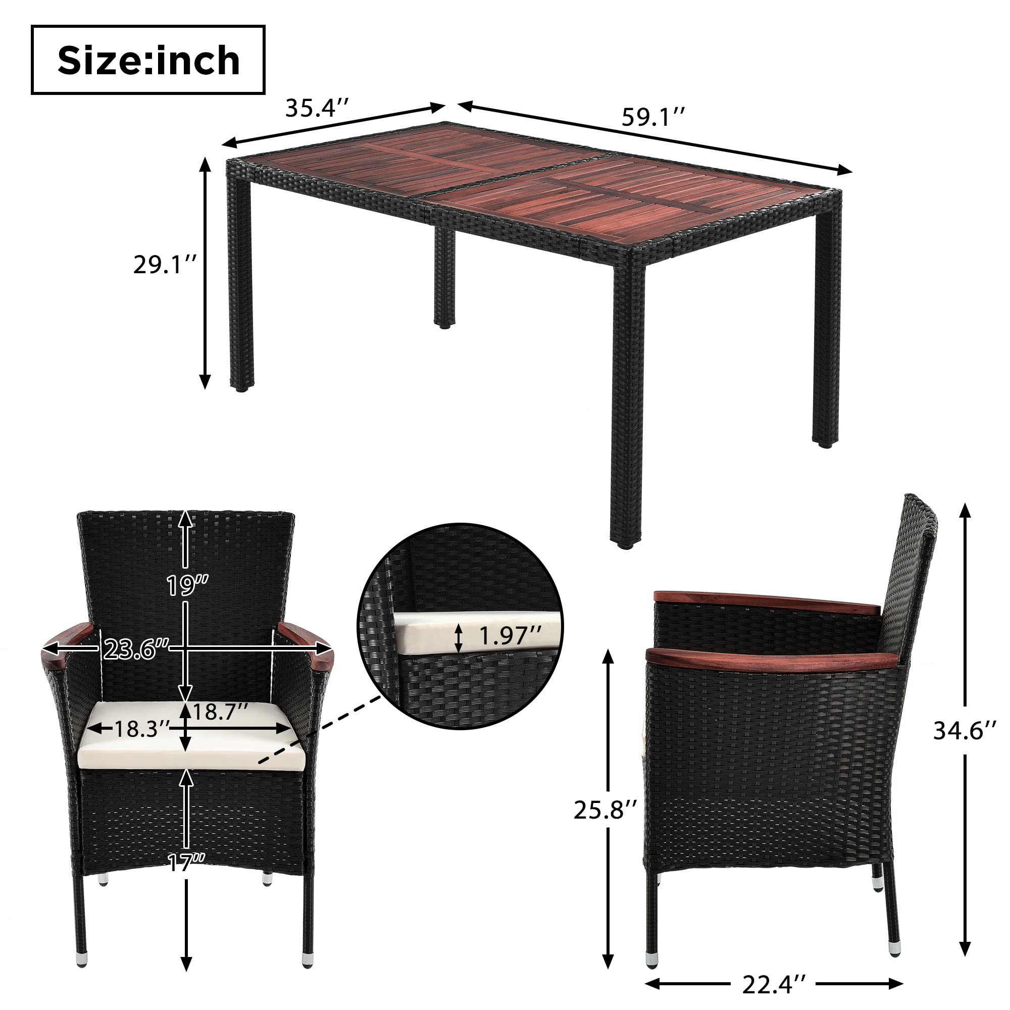 VilroCaz 6 Person Outdoor PE Wicker Dining Table Set with Acacia Wood Tabletop and Armrest, 7 Piece All Weather Conversation Set, Patio Garden Dining Set with Removable Cushion (Reddish-Brown)