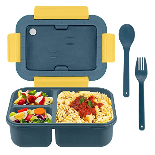 Iteryn Bento Box, Bento Box for Adults, 49 OZ 3 Compartments Bento Lunch Box with Spoon & Fork, Leakproof Bento Box, Microwave Safe