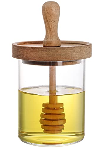 Lawei Glass Honey Jars with Wooden Dipper and Lid - 13 Oz Honey Pot Clear Glass Syrup Container for Storage