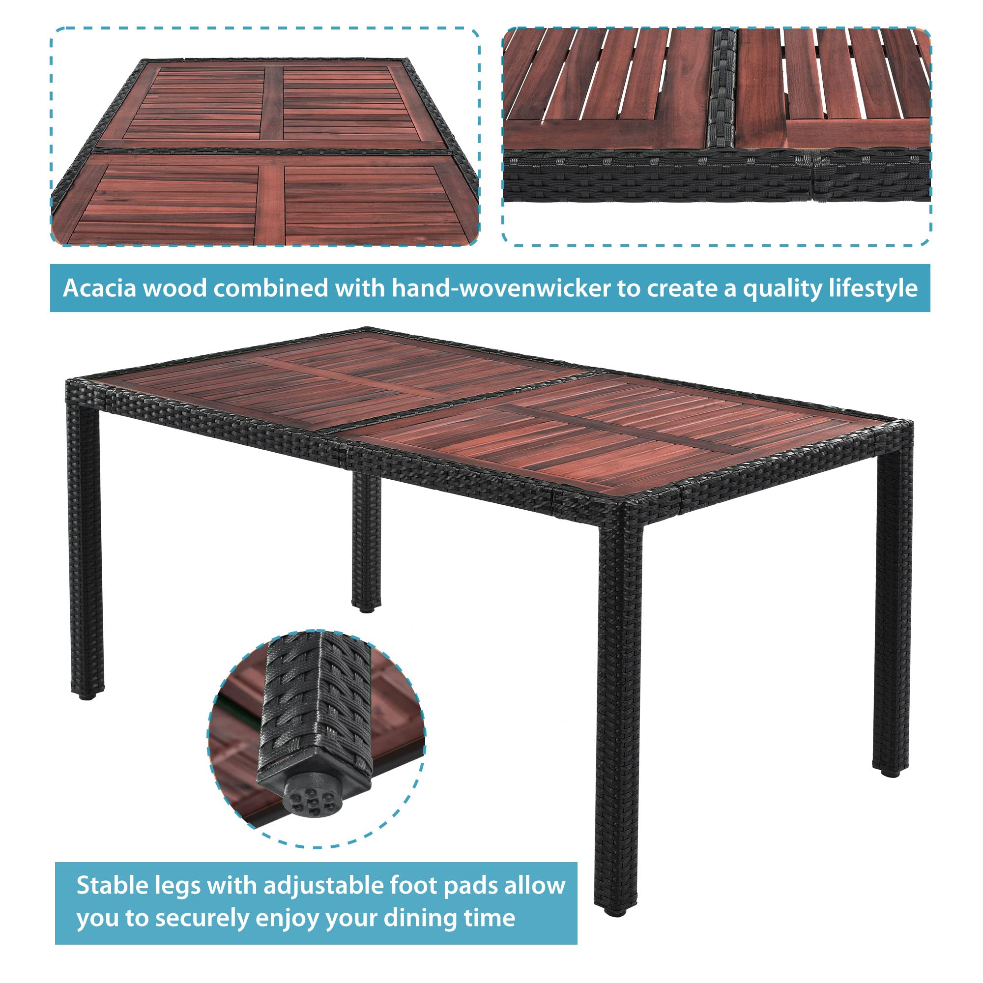 VilroCaz 6 Person Outdoor PE Wicker Dining Table Set with Acacia Wood Tabletop and Armrest, 7 Piece All Weather Conversation Set, Patio Garden Dining Set with Removable Cushion (Reddish-Brown)