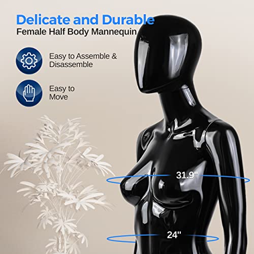 SereneLife Female Mannequin Torso, Adjustable Height and Detachable Arms Dress Form Display with Metal Stand, Glossy Black, for Sweaters, T-Shirts, Jackets, Dresses, Blouses, Tops