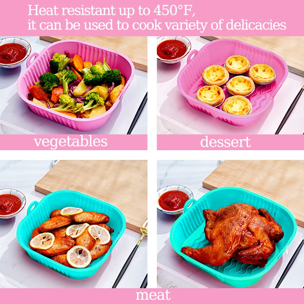 Air Fryer Silicone Liners 9 inch for 5 to 9 QT, 4 Pack Reusable Square Airfryer Basket Bowl Tray Insert Deep Fryer Parts&Accessories (4, 9 inch)