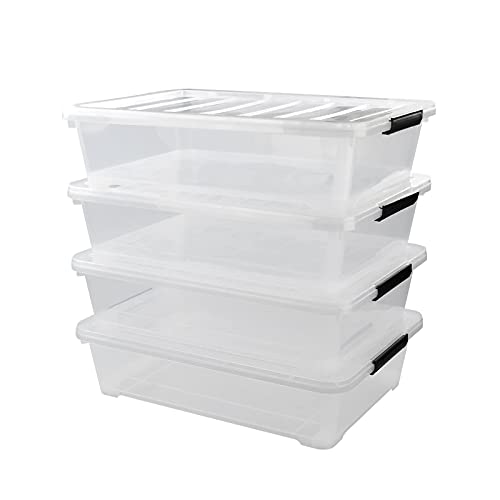 Xyskin 4 Packs 40 Quart Plastic Large Under Bed Storage Box, Clear Storage Bin with Wheels