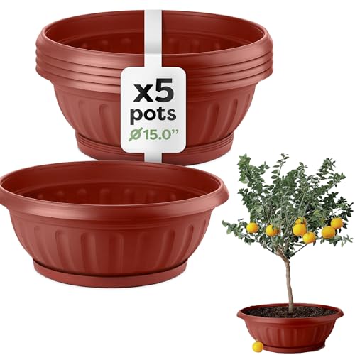 KameL Plant Pots Set of 5 | 15 Inches Garden Bowl Planter | Wide Shallow Planter Best for Outdoor and Indoor Use | Extra-Large Plastic Terracotta Color Flower Pots | w/ 10 Inches Plant Saucers